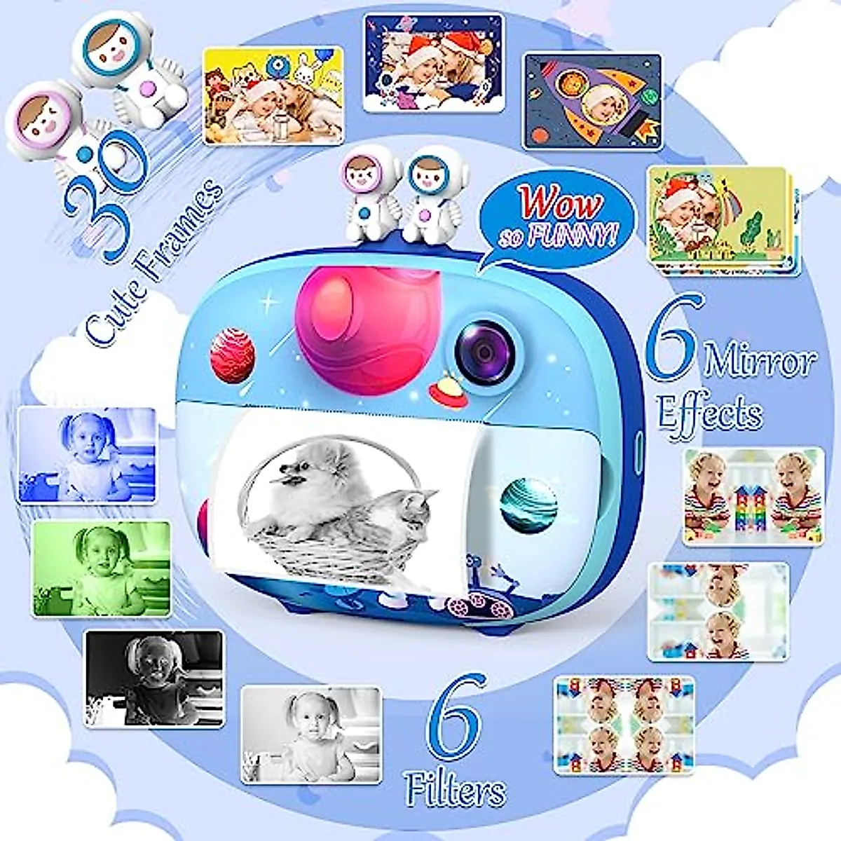 Acadia Kids Camera Instant Print, 12MP Selfie Camera for Kids Instant Print 2.4" Screen 1080P Ink Free Print Camera for Kids Christmas Birthday Gifts for Girls Boys Aged 3 4 5 6 7 8 9 10(Blue)