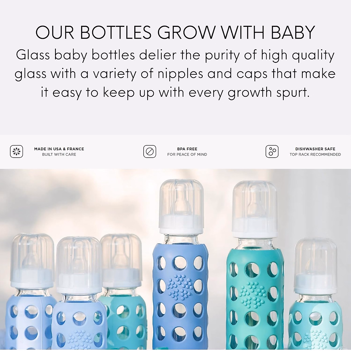 Lifefactory Glass Baby Bottles with Silicone Protection - 2-Pack, 4 oz Bottles, Sky Blue