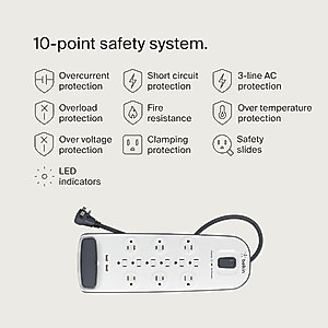Belkin USB Power Strip Surge Protector - 12 AC Multiple Outlets & 2 USB Ports - 6 ft Long Flat Plug Extension Cord for Home, Office, Travel, Computer Desktop & Charging Brick - White (3,996 Joules)