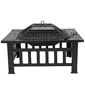 32 Inch Outdoor Fire Pit Square Metal Firepit Table Wood Burning Fireplace with Waterproof Cover Mesh Lid Backyard Patio Garden Bonfire BBQ Grill, Black