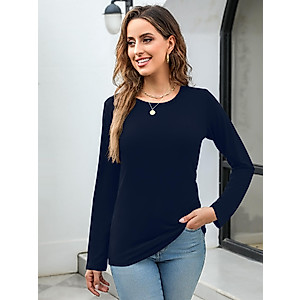 Elesomo Womens Tops Long Sleeve Tshirts Cotton Tee Shirt Crewneck Blouse, Navy Blue S