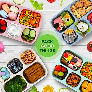 Lunbxx Bento Lunch Boxes - Reusable 5-Compartment Food Lunchables Containers, Snack Boxes For Adults Container for School, Work, and Travel, Set of 4 (Wheat)