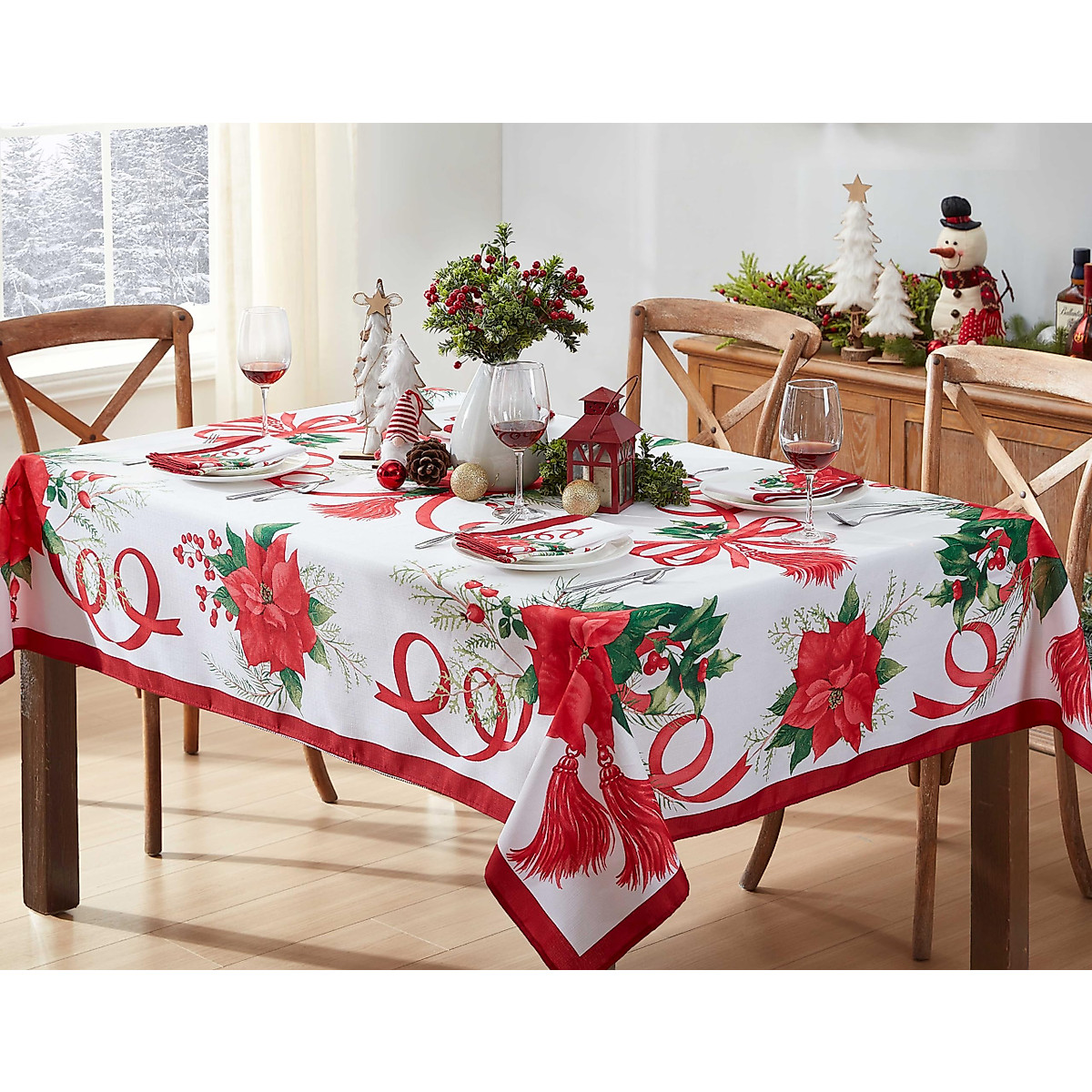Home Bargains Plus Christmas Holiday Tassels 60 x 144 Inch Rectangle Fabric Tablecloth, Festive Red Poinsettia Garland Stain Resistant Easy Care Table Cover for Dinner Party and Banquet