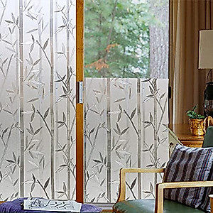 Window Privacy Film Bamboo Patten Frosted Glass Films, Self-Adhesive Static Cling Window Stickers, Anti-UV, Heat Insulation for Living Room Kitchen Patio Doors (17.5 x78.7Inch)