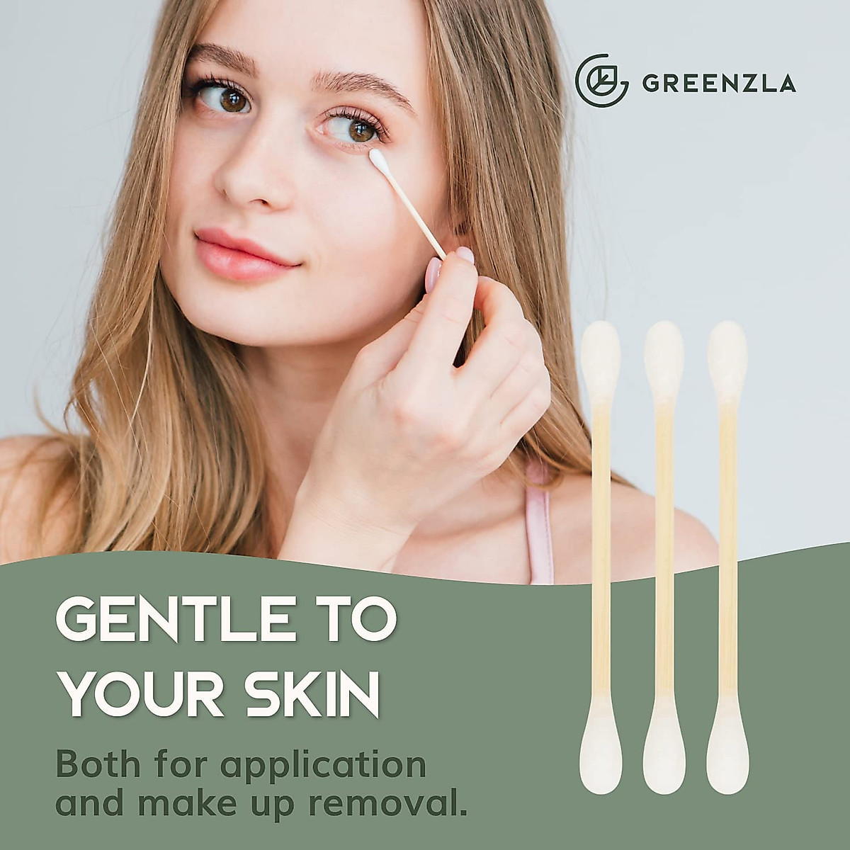 Greenzla Organic Cotton Swabs 600 Pack - Biodegradable Vegan Bamboo Cotton Buds with Plant-Based Packaging, Wooden Ear Swabs with Soft & Gentle Cotton Tips, Comes with Eco-Friendly Cotton Swab Holder