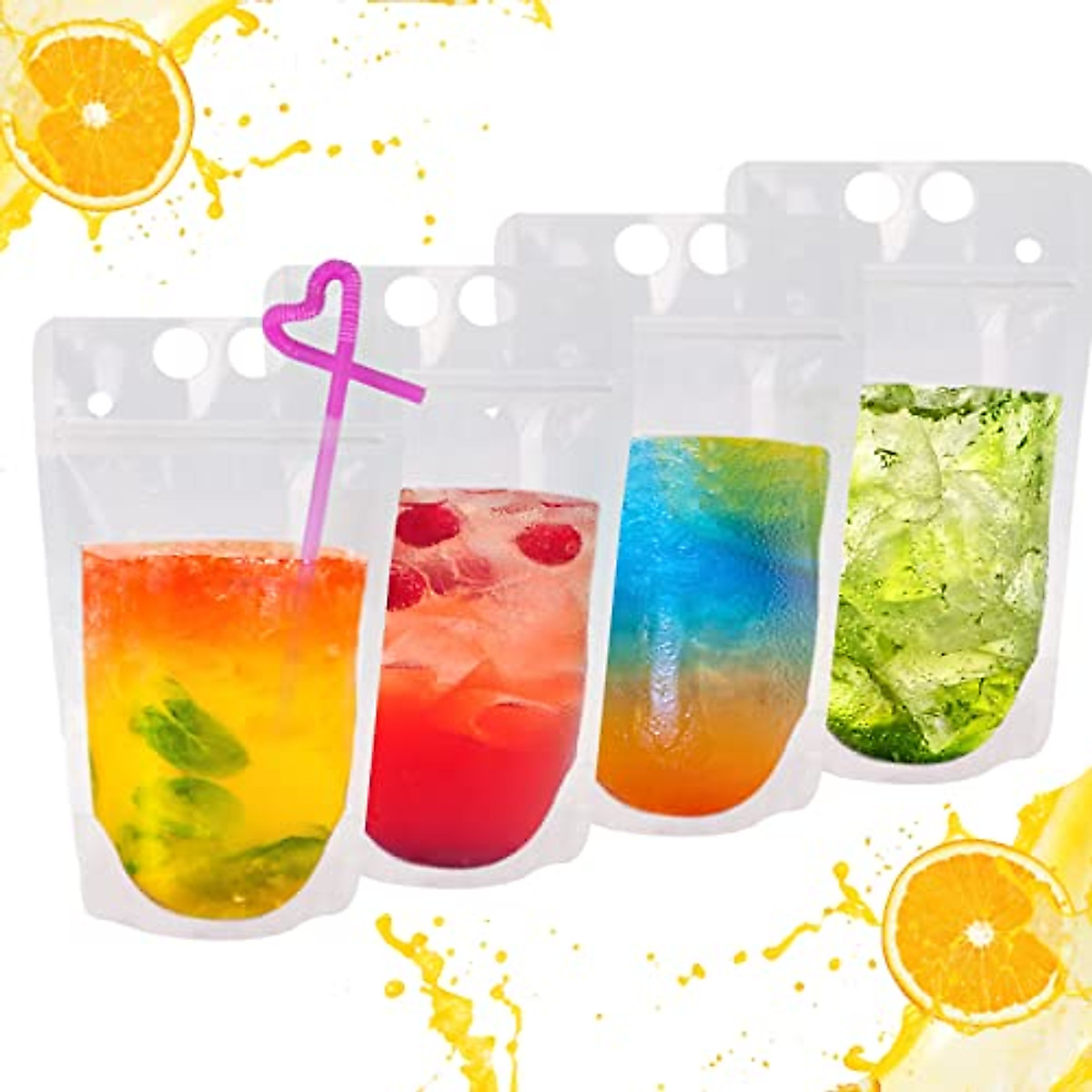 100 Pcs Drink Pouches for Adults, Clear Juice Pouches, Hand-held Reusable Drink Pouches with Straws Funnel Smoothie Heavy Duty Drink Bags for Cold Hot Drinks