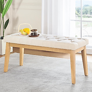 Upholstered Entryway Bench - End of Bed Bench with Padded Seat, Button Tufted Wood Frame (Beige-2)