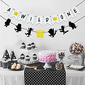MOAXMOA Wild One Banner and Wild Things Banner Birthday Theme Party Supplies Baby Shower Photo Prop Decorations 17PCS Glitter Gold Silver and Black