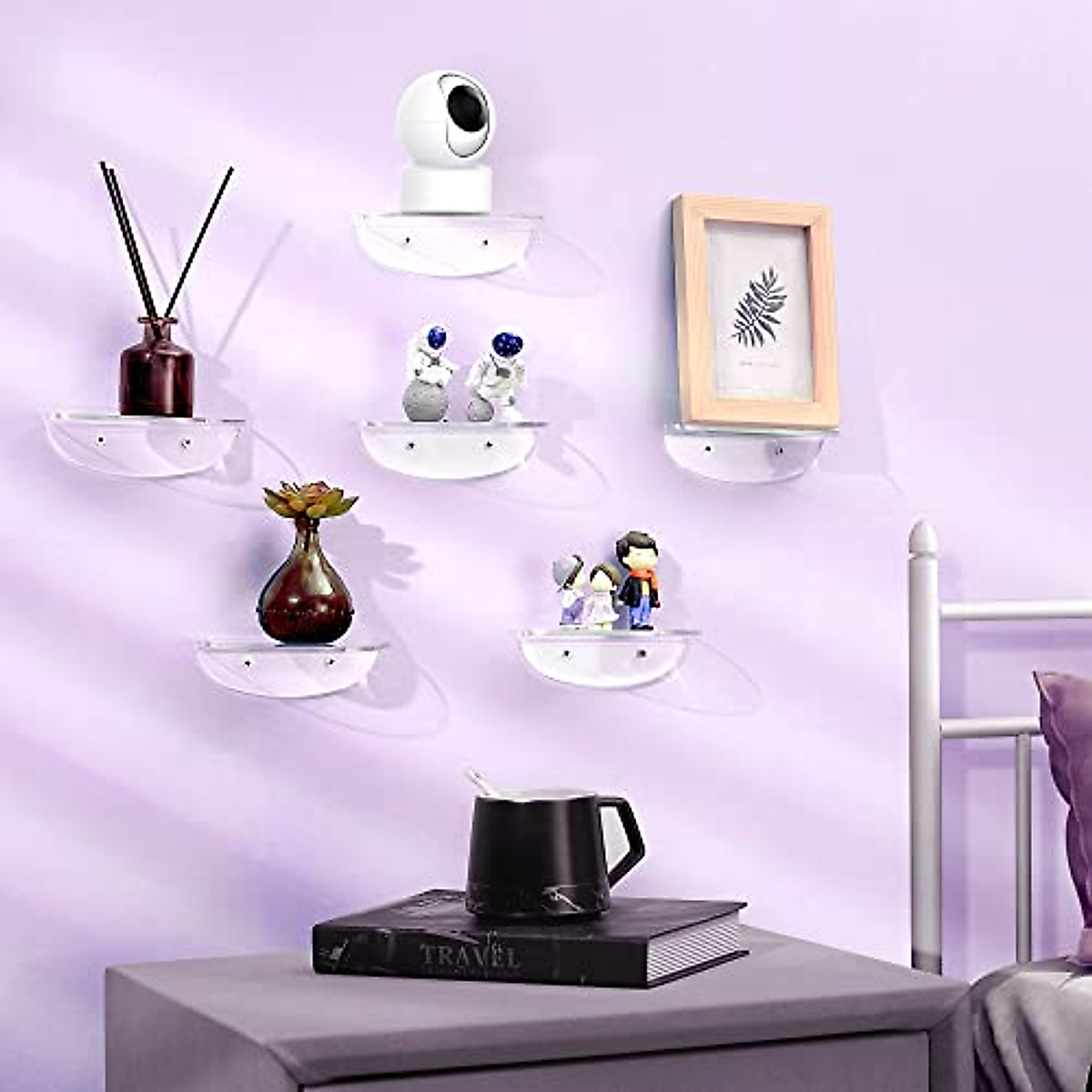 Small Shelf, 6 Set Small Floating Shelves for Wall, Clear Acrylic Shelves for Living Room, Security Cameras, Baby Monitor, Speakers Storage & Decoration, Universal Mini Shelf(5.5in, Clear)