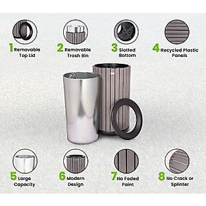 Alpine 32 Gallon Commercial Outdoor Trash Can - Heavy Duty Garbage Can Outdoor, Industrial Open Top Trash Can with Plastic Panels for Patio, Parks, Trails, Resorts (Flat Lid - Grey)