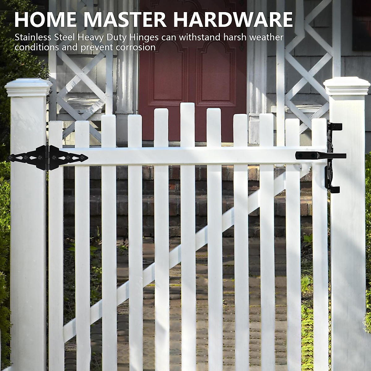 HOME MASTER HARDWARE Wood Gate Hardware Set - Heavy Duty 8" Decorative Strap Hinges and Spring Loaded Latch Gate Kit with Screws for Outdoor Fence Swing Gate Black Finish