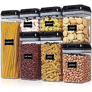 Airtight Food Container - 7 PC BPA Free Plastic Food Storage Containers with Easy Lock Lids - Stackable Sugar, Flour, Cereal & Beans Containers with Labels & Marker included (Lid Black)