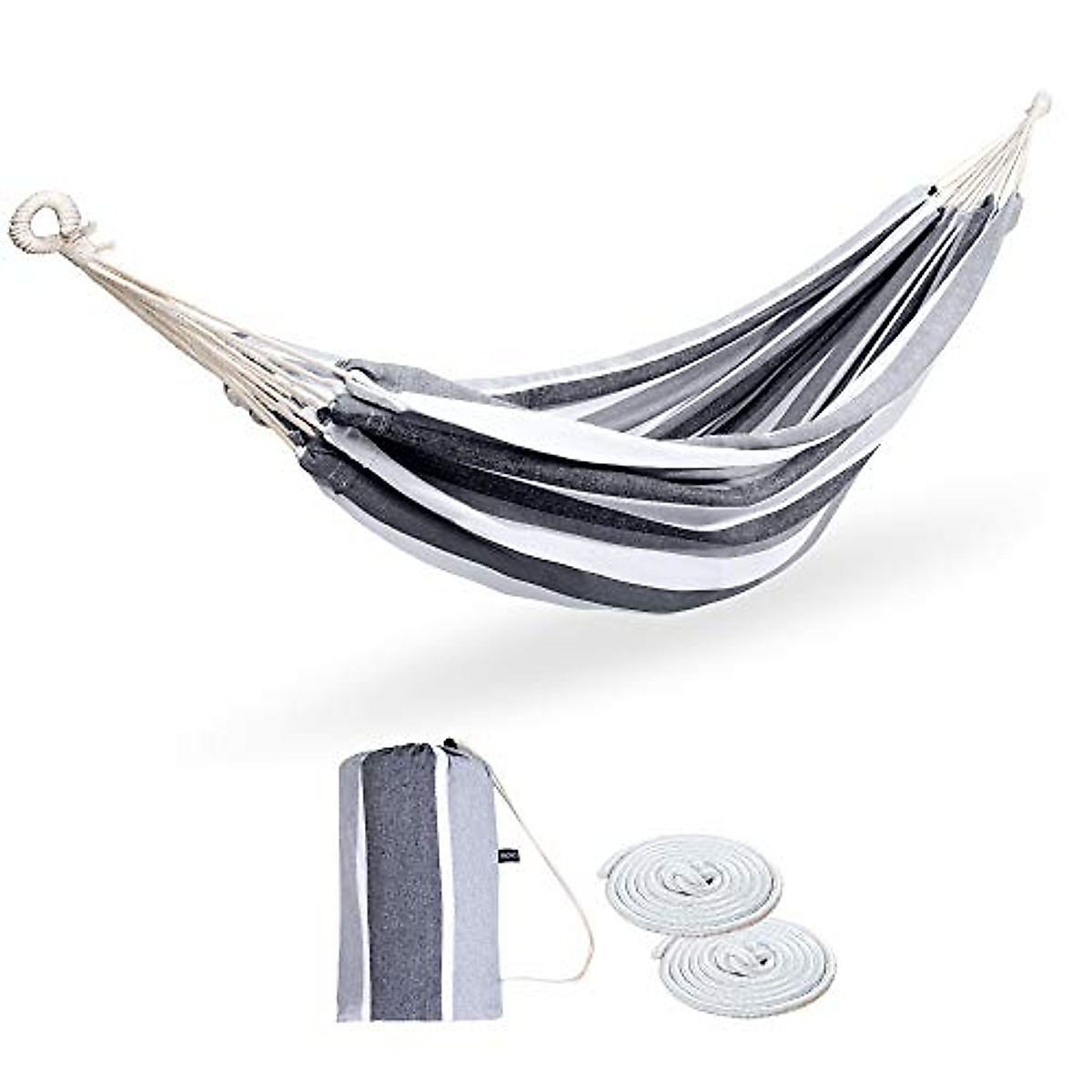 ROOITY Double Hammock Brazilian Hammocks with Portable Carrying Bag,Soft Woven Fabric, Up to 450 Lbs Hanging for Patio,Trees,Garden,Backyard,Porch,Outdoor and Indoor XXX-Large Grey&White Stripe