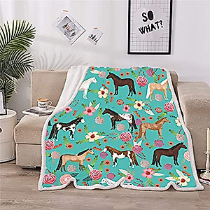 Horse Blanket Various Horse 3D Printing Throw Blanket Super Soft Flower Fleece Blanket Animal Horse Sherpa Blanket Horse Gifts for Girls and Women Sofa Couch Bed and Office (Green, 51 X 59 in)