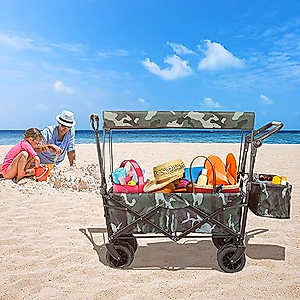 Arlopu Collapsible Garden Cart w/Removable Canopy, Extra Large Folding Utility Wagon Carts w/7" Wheels, Heavy Duty Outdoor All Terrain Beach Wagon for Camping, Shopping, Picnic, Sports (Camouflage)