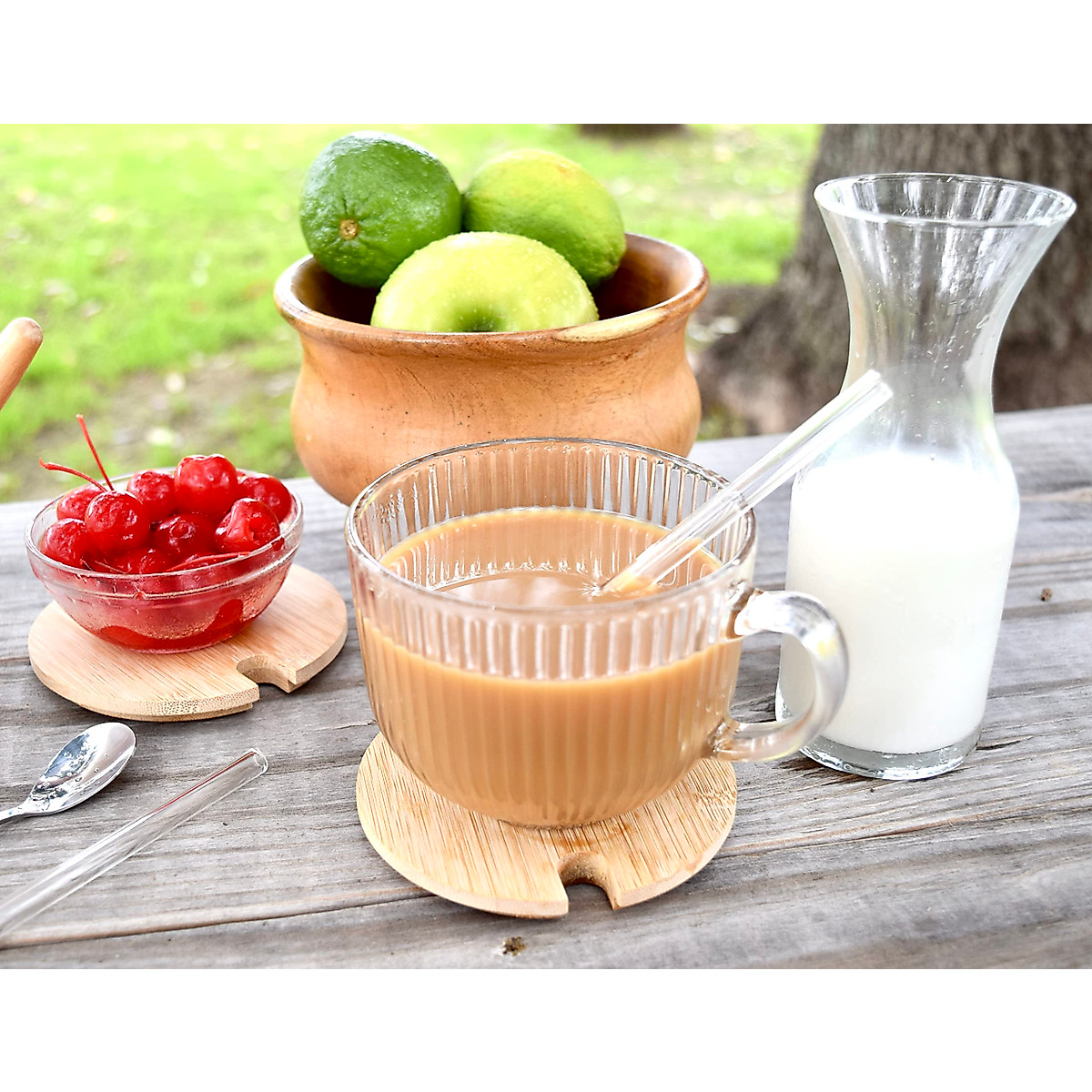 KC 2pc Glass Coffee Vintage Mug Set With Bamboo Lid And Glass Straw - 15oz Jumbo Glass Cup With Stainless Steel + Bamboo Spoon And Glass Straw - Glass Snack Bowl With Spoon