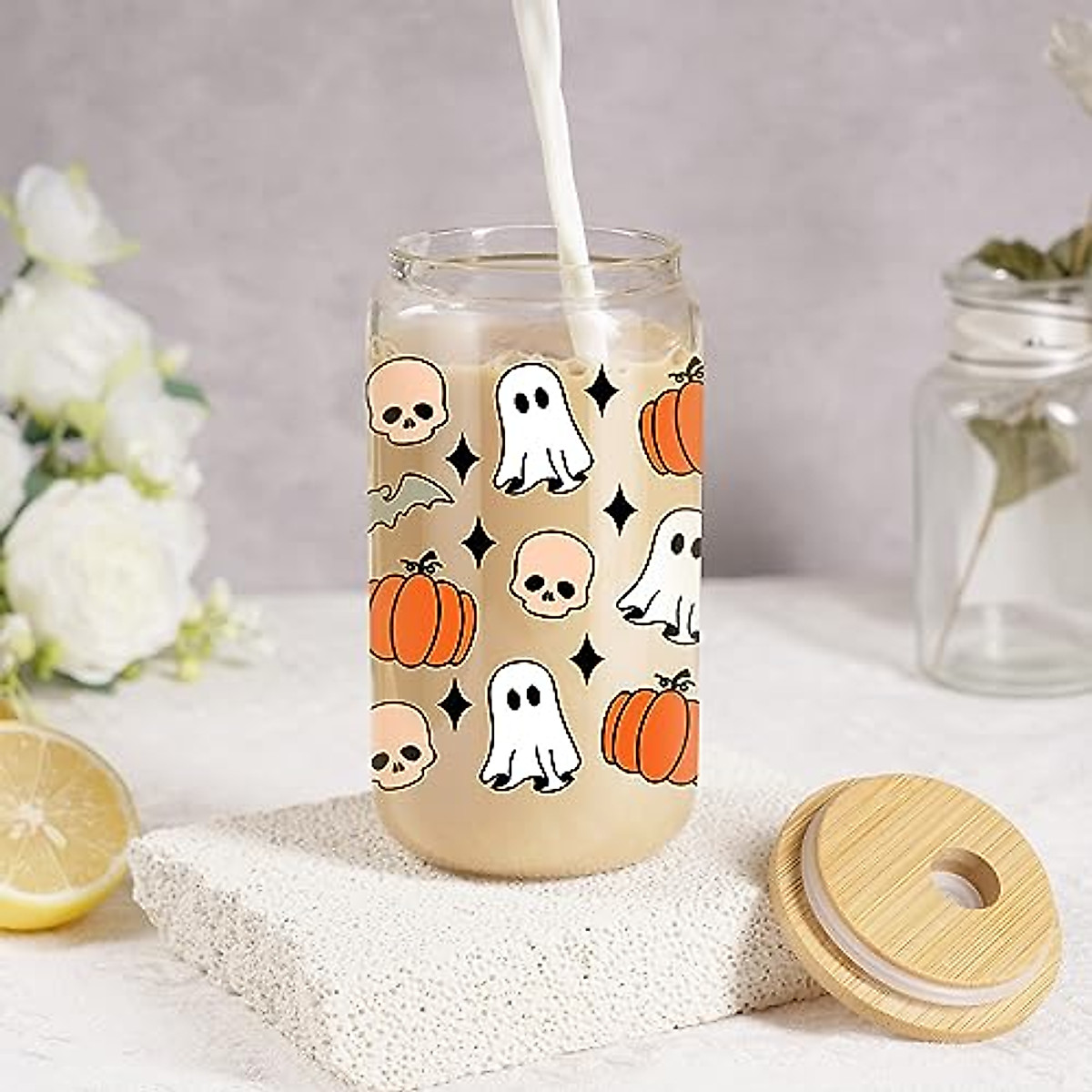 Coolife Halloween Pumpkin Ghost Skull Cups - 16 oz Pumpkins Fall Cup Mug, Can Shaped Tumbler Glass Cups w/Bamboo Lids Straws, Halloween Spooky Cups for Iced Coffee Smoothie, Goth Spooky Gifts for Her