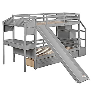 SIYSNKSI Twin Over Twin Bunk Bed with Storage Staircase and Slide, Wooden Bunk Bed Frame with Desk and Drawers, Multifunctional Bunk Bed for Kids Teens Adult Bedroom (Gray + Pine-Twin-04)