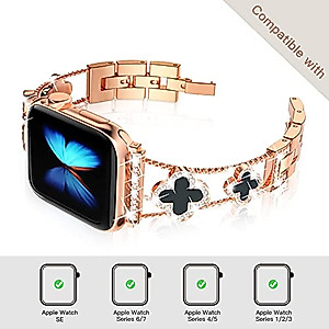 Rose Gold Cute Luxury Metal Diamond Slim Glitter Band 38mm 40mm 42mm 44mm iwatch se Series 6/5/4/3,Apple Watch Series 7 45mm Band for Women Bling,Apple Watch se Series 3 38mm Band Womens (MU-8001-RG-BK, 38mm/40mm/41mm)