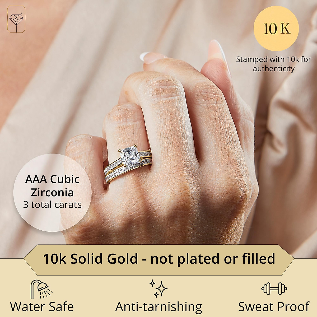 MAX + STONE 3.0 Carat Princess Cut Square Cubic Zirconia Engagement Ring with Wedding Band Set for Women in 10k Yellow Gold CZ (3.0 CT.TW) Size 7