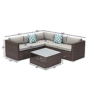 SUNBURY 4-Piece Outdoor Sectional Sofa Patio Furniture Set w Grey Thinck Cushions, Patio Conversation Set Outdoor Wicker Sofa w Tempered Glass Coffee Table, Waterproof Cover for Backyard