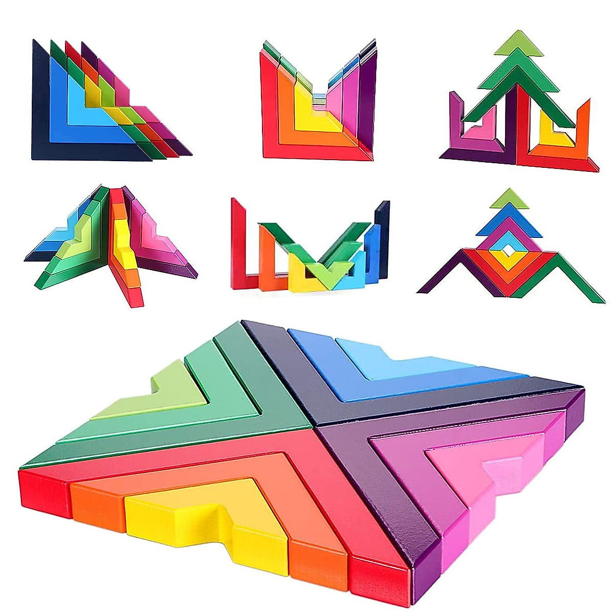 FANSUSENKE 12 Piece Building Blocks Toy Wooden Rainbow Stacking Nesting Building Game Geometry Creativity Nesting Educational Preschool Learning Toys for Kids 3D Puzzles