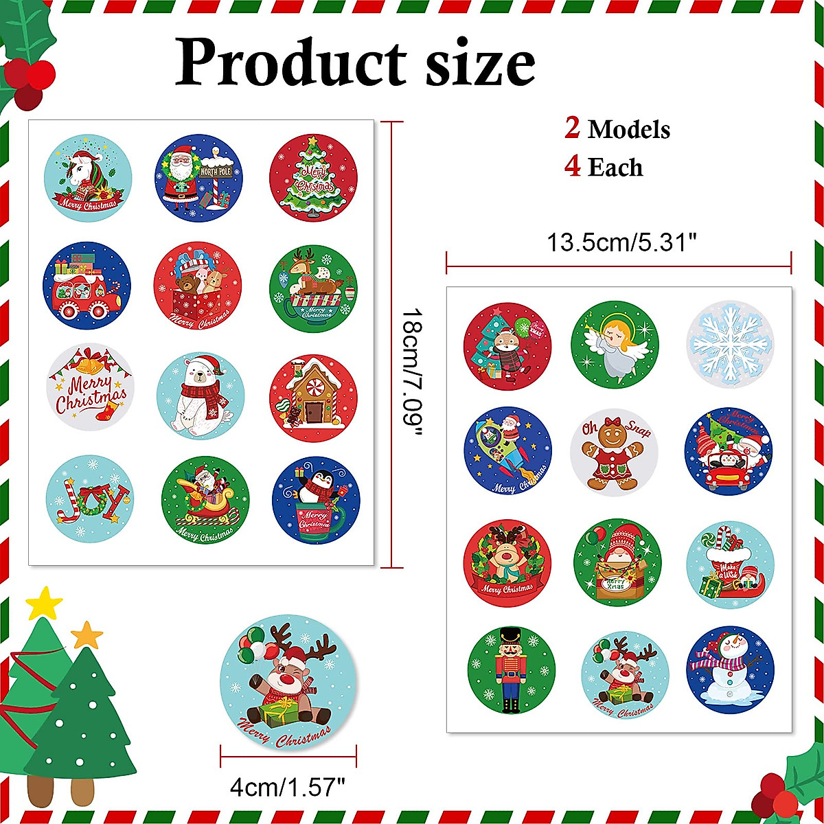 HOWAF Christmas Stickers, 96pcs Assortment Holiday Sticker Round Xmas Label Stickers Gift Stickers Kids Stickers for Crafts, Scrapbooking, Card Making, Christmas Party Supplies, 24 Patterns, 4cm