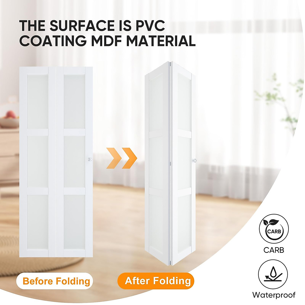 BARNER HOME Bi-Fold Doors, for 48"x 80" (Double 24" x 80" Doors) Opening, 3-lite Tempered Frosted Glass Panel, MDF, White Closet Door