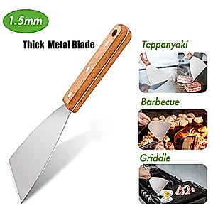 Grill Griddle Scraper Set of 3, Leonyo Stainless Steel Metal Grill Scraper Tool for Flat Top Teppanyaki BBQ, Versatile Scraper for Dough Pancake Pizza Home Baking Cooking, Slant Edge & Wooden Grip