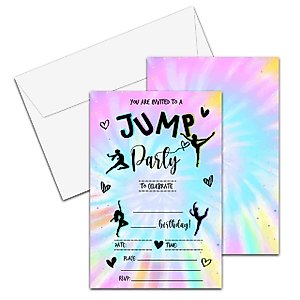 YQV Bounce House Jumping Party Birthday Invitations, 20-Count Invitations With Envelopes, Tie Dye Style Tampoline Birthday Party Decorations And Supplies-HBYQK-A02