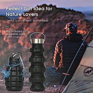Collapsible Water Bottle 19.6oz - Gift Box, 2 Lids, Carabiner - Leak Proof Water Bottles for Veteran's Day - Reusable Water Bottles with Military Style - Travel Water Bottles - Gifts for Men (Black)