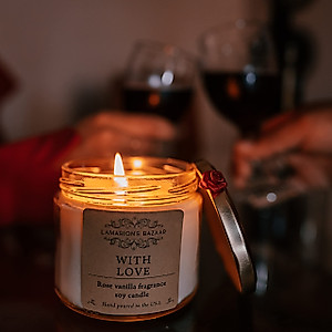 With Love - Rose and Vanilla Fragrance Soy Candle - Unique Large Soy Candle with a Red Rose Decor and red Crystals inside- Boxed