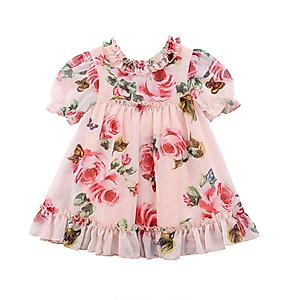 Toddler Baby Girls Flower Print Ruffles Princess Dress Sundress Clothes Outfit (6-12 Months, Pink)