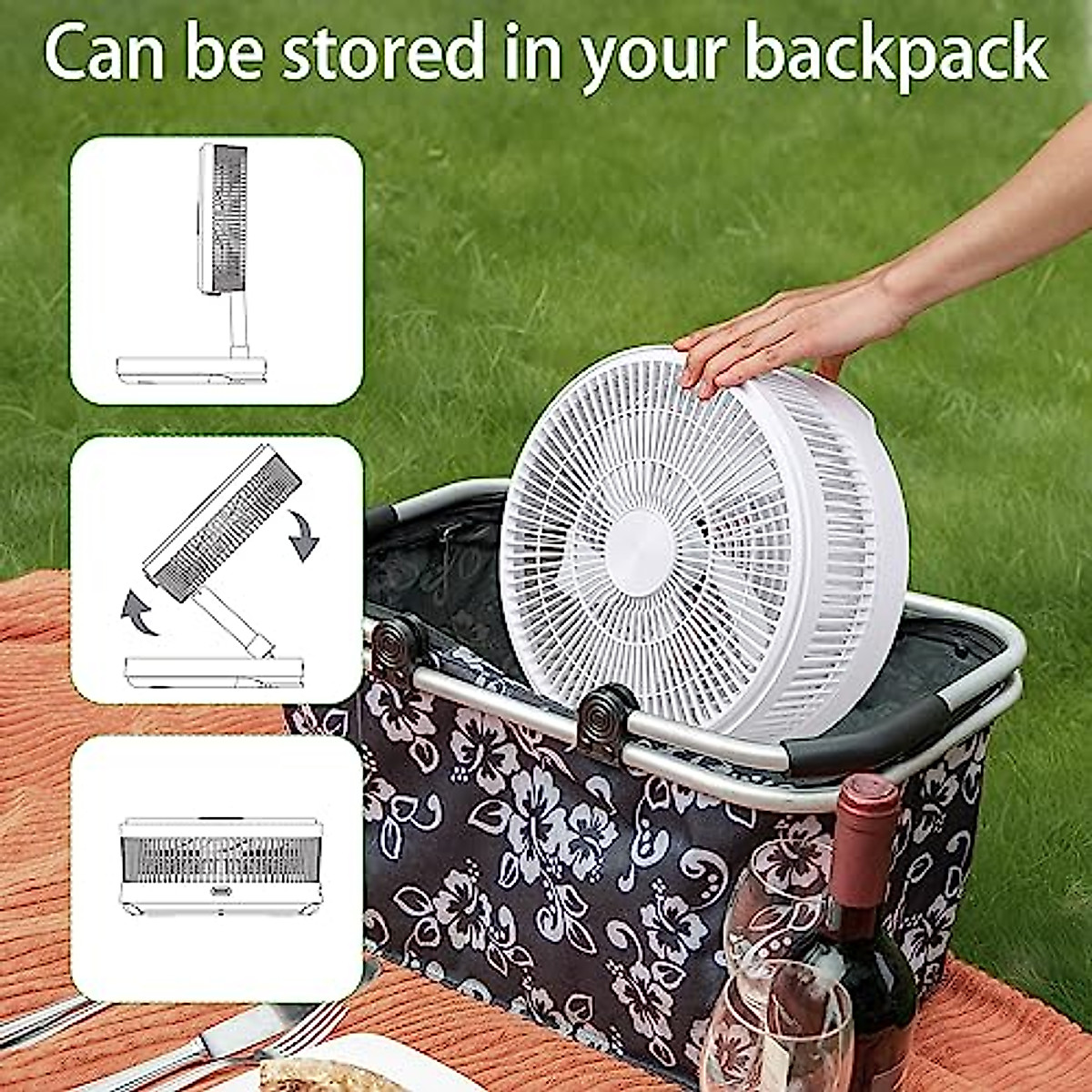 ABVOT Rechargeable Foldable Fan, 12" Portable Travel Fan, 8 Speeds & Time Settings with Remote Control, 10000mAh Desk Quiet Fan, Folded Floor Pedestal Fan for Bedroom, RV, Travel