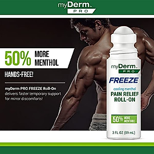 Myderm PRO Freeze Roll-On, 3 fl oz - Extra Strength 6% Menthol - ICY Roller for Elbows, Joints & Muscles - Hands-Free Topical Support - Made in The USA