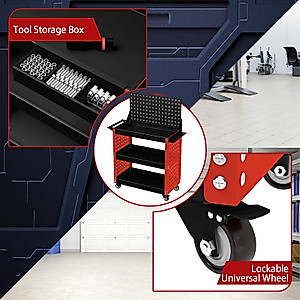 ZFULVO 3-Tier Rolling Tool Cart with Lockable Swivel Wheels, Tool Board, and Multi-Purpose Hooks - Supports up to 600 lbs - Ideal for Mechanics, Garages, Warehouses and Repair Shops.