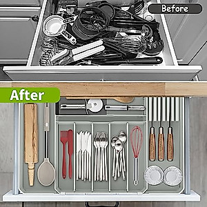 fifame Silverware Drawer Organizer, Expandable Kitchen Utensil Organizer, Larger Capacity Flatware and Cutlery Tray, Multi-Purpose Drawer Storage for Kitchen, Dressing Table, Office, Bathroom, (Grey)