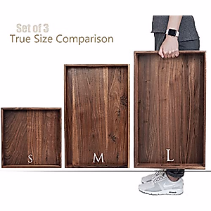 MAGIGO Set of 3 Large Solid Black Walnut Wood Ottoman Tray with Handles, Serve Tea, Coffee or Breakfast in Bed, Classic Wooden Decorative Serving Tray, L+M+S