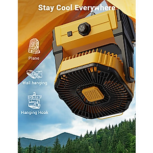 KopBeau Portable Camping Fan with Lights, 20000mAh Rechargeable Battery Operated Fan, Battery Powered Outdoor Beach Tent Fan with 3 Speeds & Hook, Personal USB Table Fan for Camping Accessories