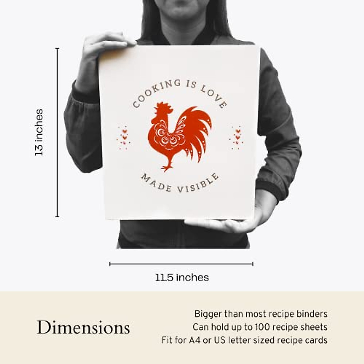 EGGBLU Recipe Binder with 25 Full Page Blank Recipe Sheets, 25 Plastic Page Protectors and 6 Tabbed Dividers, 11.5" x 13", Red Rooster Design