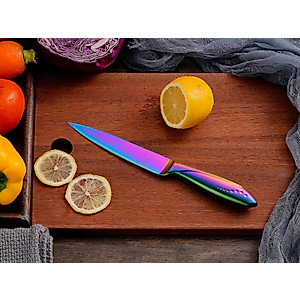 WELLSTAR Rainbow Kitchen Utility Knife 5 Inch, Super Sharp Fine Edge Fruit Vegetable Slicing Knife with German Stainless Steel Forged Blade and Titanium Coating – Small Multipurpose Knife