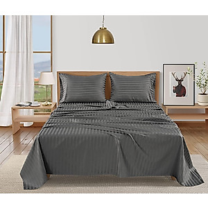 100% Egyption Cotton Cal King Solid Sheet Set & Damask Striped Sheets Set of 2 Combo- 800 Thread Count Sateen Weave Cal KIng Size Solid Sheets & Striped Sheets, Deep Pocket Cotton Bedsheets - Charcoal