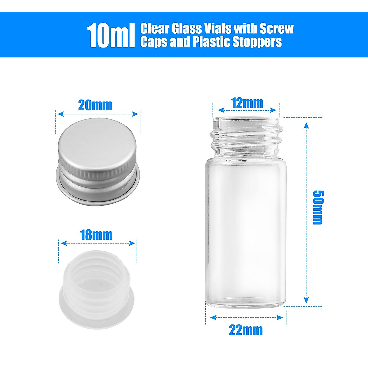 50PCS 10ml Glass Vials with Aluminum Screw Caps and Plastic Stoppers, Clear Glass Sample Vials, Mini Glass Bottles for Home Party Decorations and DIY Craft