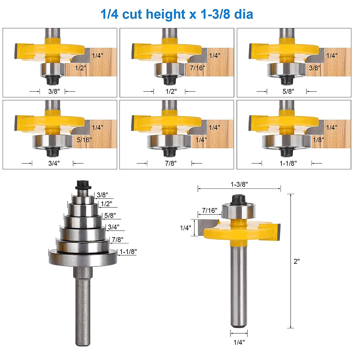 Rabbet Router Bit - Router Bit Set with 6 Bearings Set ( 1/2", 7/16", 3/8", 5/16", 1/4", 1/8" Bearings) Carbide Tipped Rabbeting Router Bits 1/4 Shank