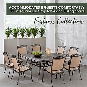 Hanover Fontana 9-Piece Outdoor Patio Dining Set with 60'' Cast-Top Square Dining Table and 8 Quick-Dry Sling Swivel Rocker Chairs, All Weather Outdoor Furniture Set for 8