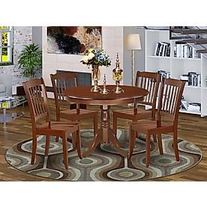 East West Furniture HLDA5-MAH-W 5 Piece Dining Room Table Set Includes a Round Dining Table with Pedestal and 4 Wood Seat Chairs, 42x42 Inch, Mahogany