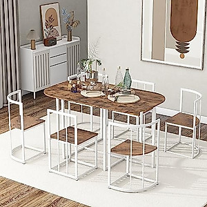 Merax Compact Dining Table and Chairs for Small Space Dining Table Set for 6, 55inch Kitchen Table 7 Piece Set for Dining Room Living Room Modern Style