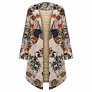 Andongnywell Ladies Warm Outwear Floral Print Hooded Vintage Coats Long Sleeve Outwear Print Hooded Overcoat (Orange,4X-Large)