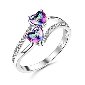 Milacolato 925 Sterling Silver Promise Ring for Her 18K White Gold Plated Double Stone Ring Heart Birthstones Toi et Moi Engagement Ring Jewelry Size 7