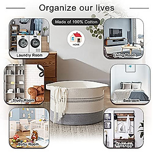 OIAHOMY Cotton Rope Basket 20x20x13 inches Laundry Basket Blanket Basket Baby Toy Basket with Handles Woven Baskets for Storage